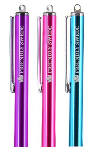 The Friendly Swede Extra Long Stylus Pen for Touchscreen — Set of 3 Thin-Tip High Precision Capacitive 7.3" Stylus Pens; Incl. Elastic Lanyards, 3 Replaceable Tips & Cleaning Cloth - Pink/Purple/Blue