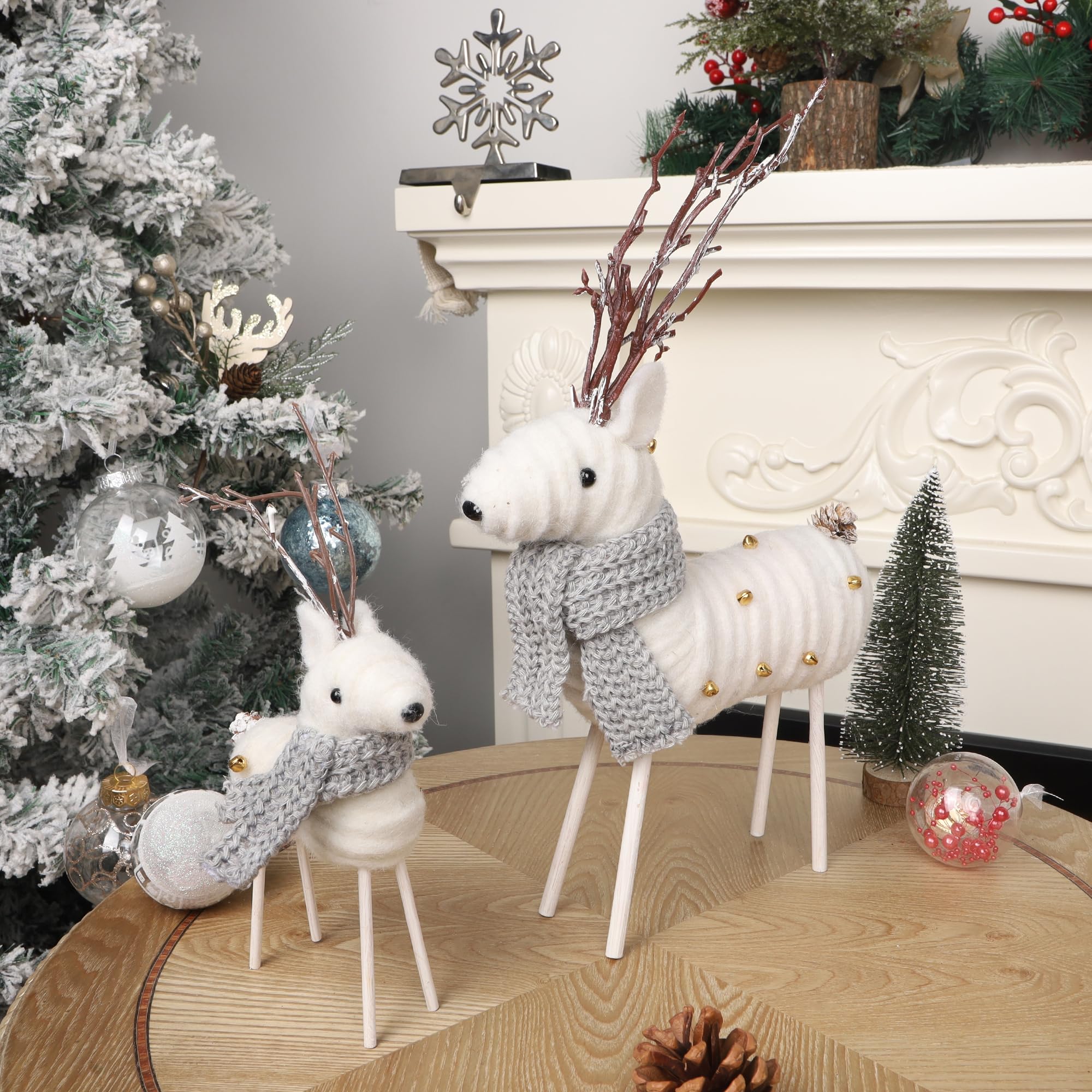 winemana 2 Pcs Plush Fabric White Figurines Reindeer with Scarf Bells Christmas Table Ornaments, Tabletop Standing Deer Christmas Decorations for Home Kitchen Centerpieces Xmas Winter Holiday Party