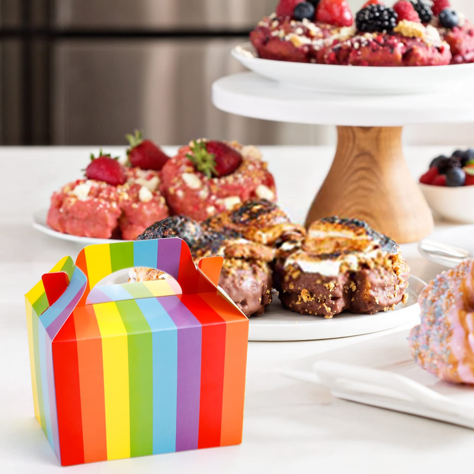 Hiceeden 50 Pack Colorful Treat Boxes, Rainbow Paper Gift Boxes, Gable Goodies Favor Party Boxes with Portable Handle for Valentines, Birthday, Wedding, Holidays, 5.7"x4.1"x3.7"
