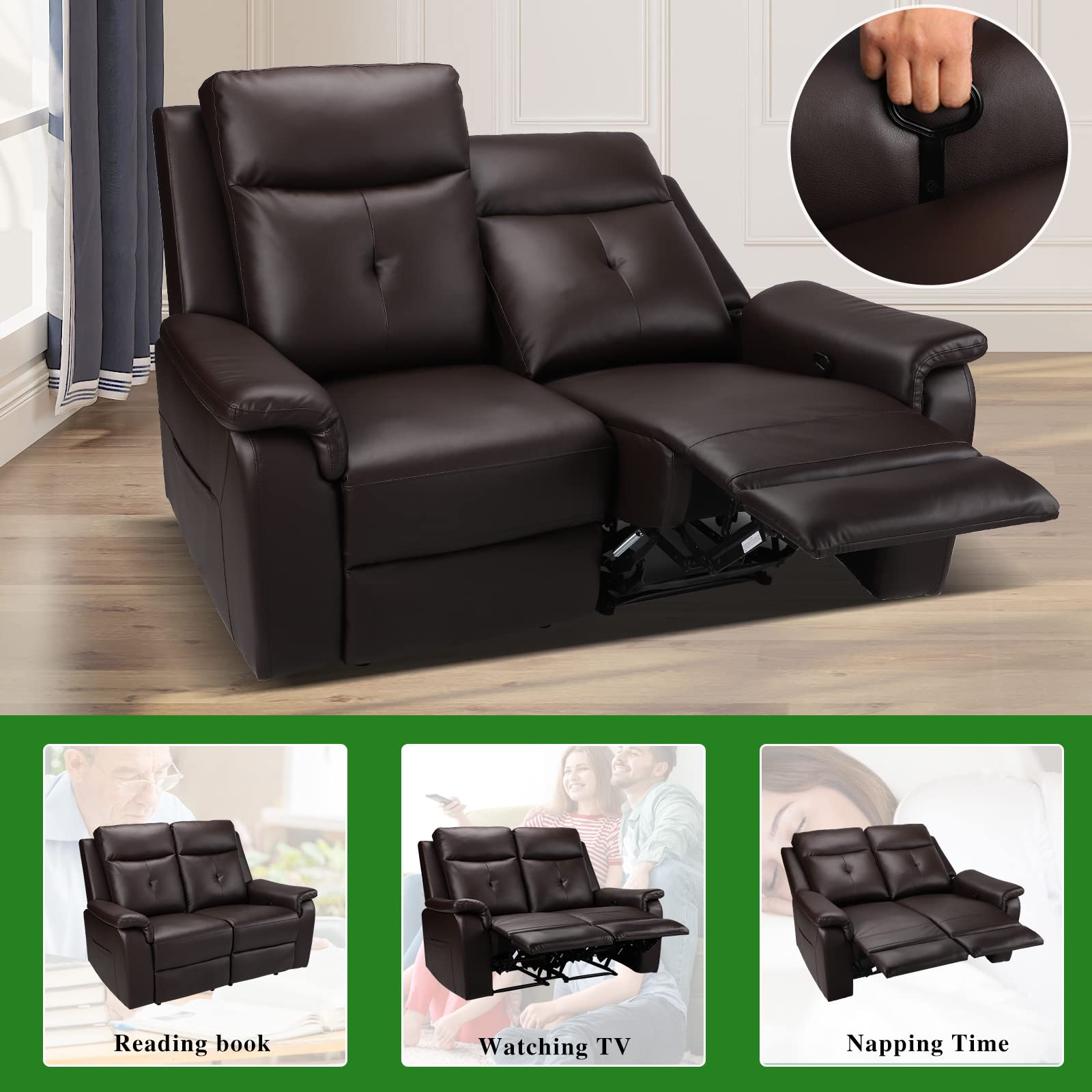 B BAIJIAWEI PU Leather Reclining Sofa - Manual Double Recliner Loveseat with Massage & Heating - 2-Seater Home Theater Seating for Living Room, Reading Room, Bedroom (Brown)