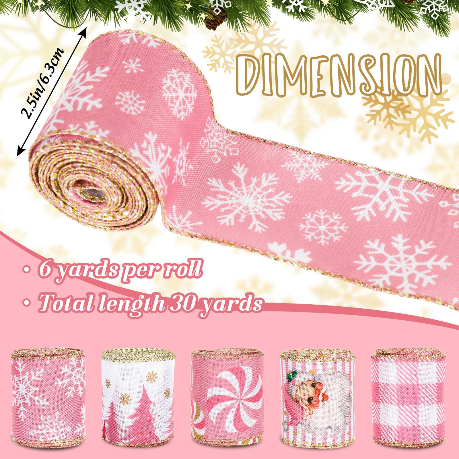 AnyDesign 30 Yards Christmas Wired Edge Ribbon 2.5 Inch Pink White Checkered Snowman Snowflake Craft Ribbon Gold Glitter Wired Fabric Ribbon for Wrapping DIY Bow Wreath Crafts Making, 5 Rolls