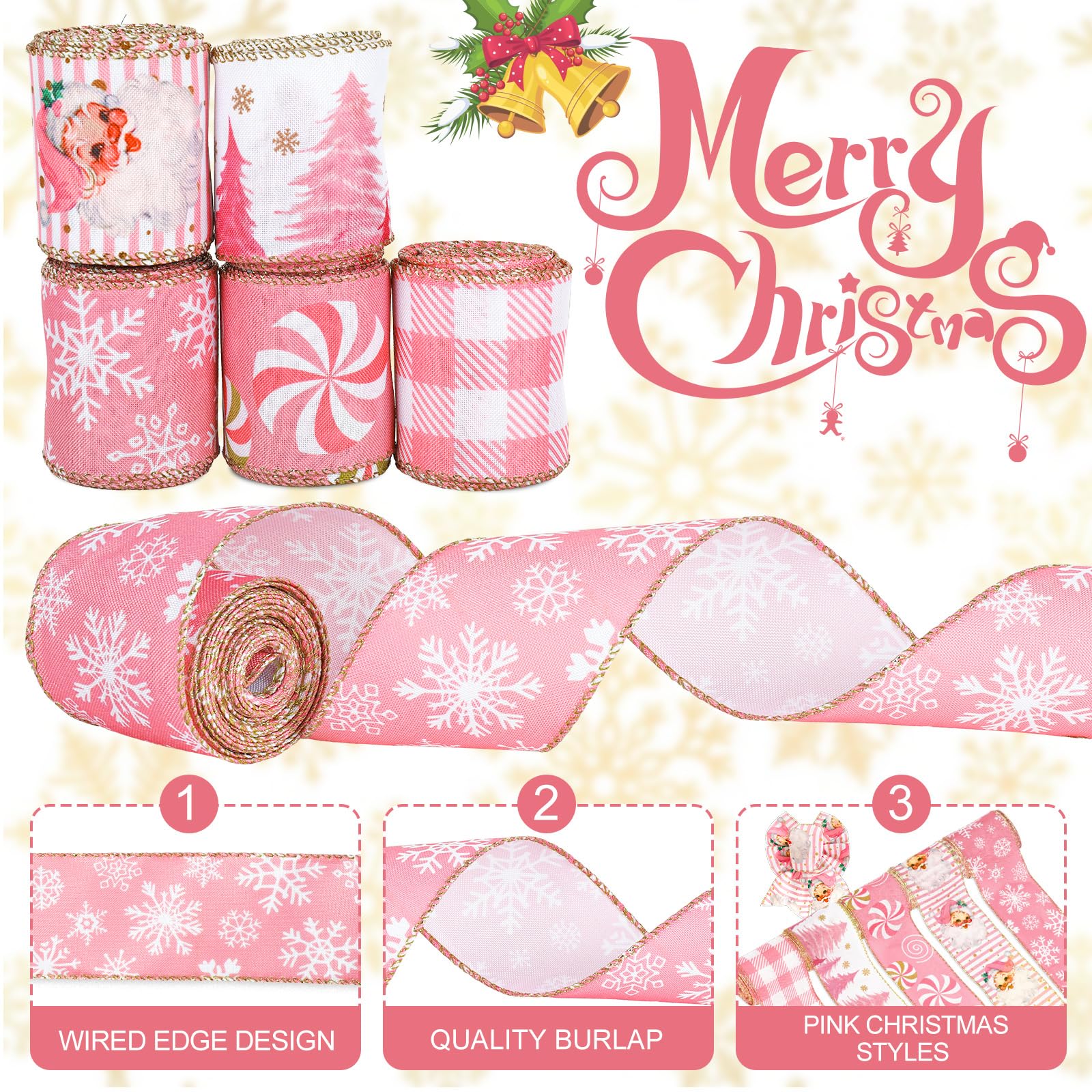AnyDesign 30 Yards Christmas Wired Edge Ribbon 2.5 Inch Pink White Checkered Snowman Snowflake Craft Ribbon Gold Glitter Wired Fabric Ribbon for Wrapping DIY Bow Wreath Crafts Making, 5 Rolls