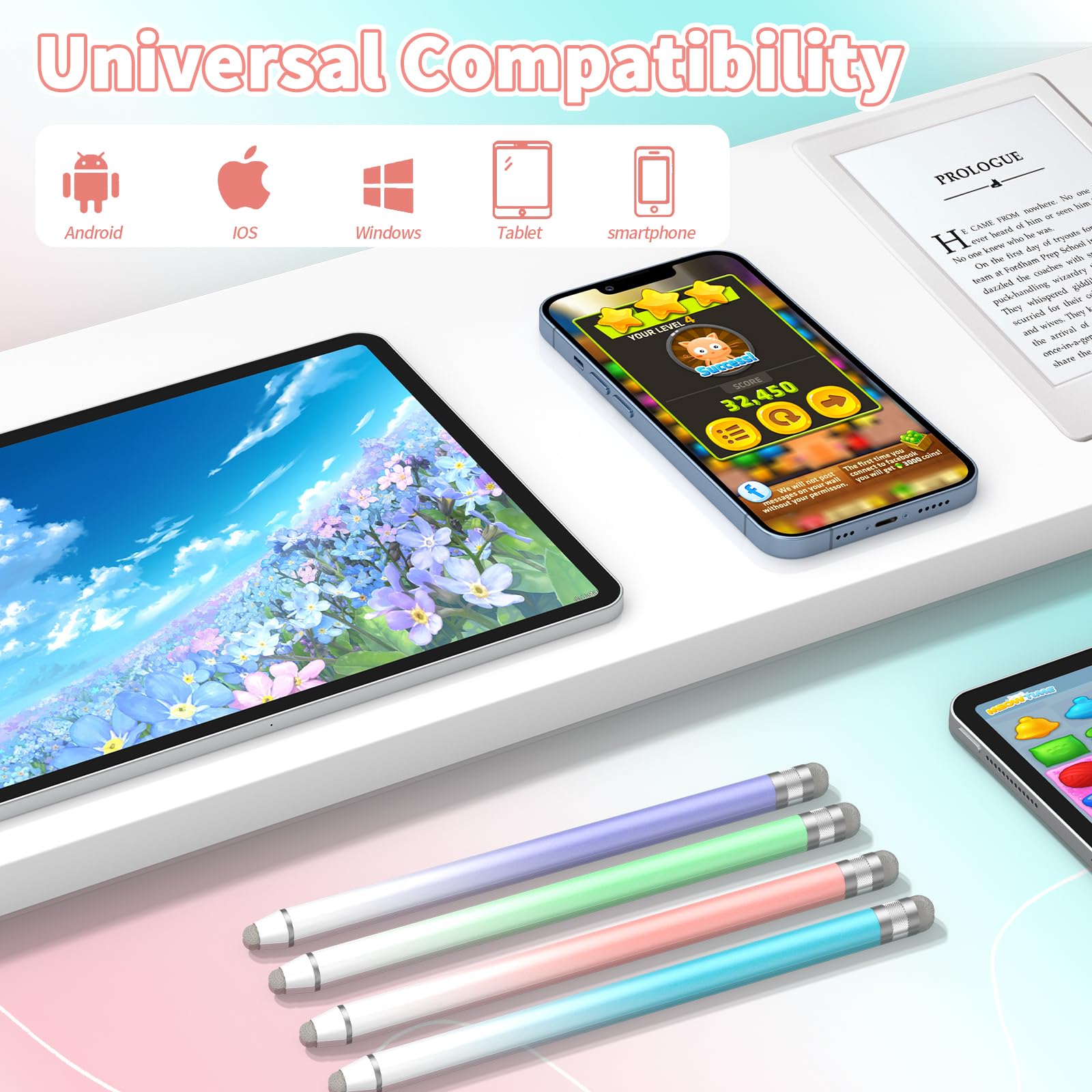 FEUHAISHI 4 Pack Universal Stylus Pens for Touch Screens, High Sensitivity Fiber Tips, Compatible with Apple/iPhone/iPad/iOS/Android/Samsung Tablets and More (Colourful)