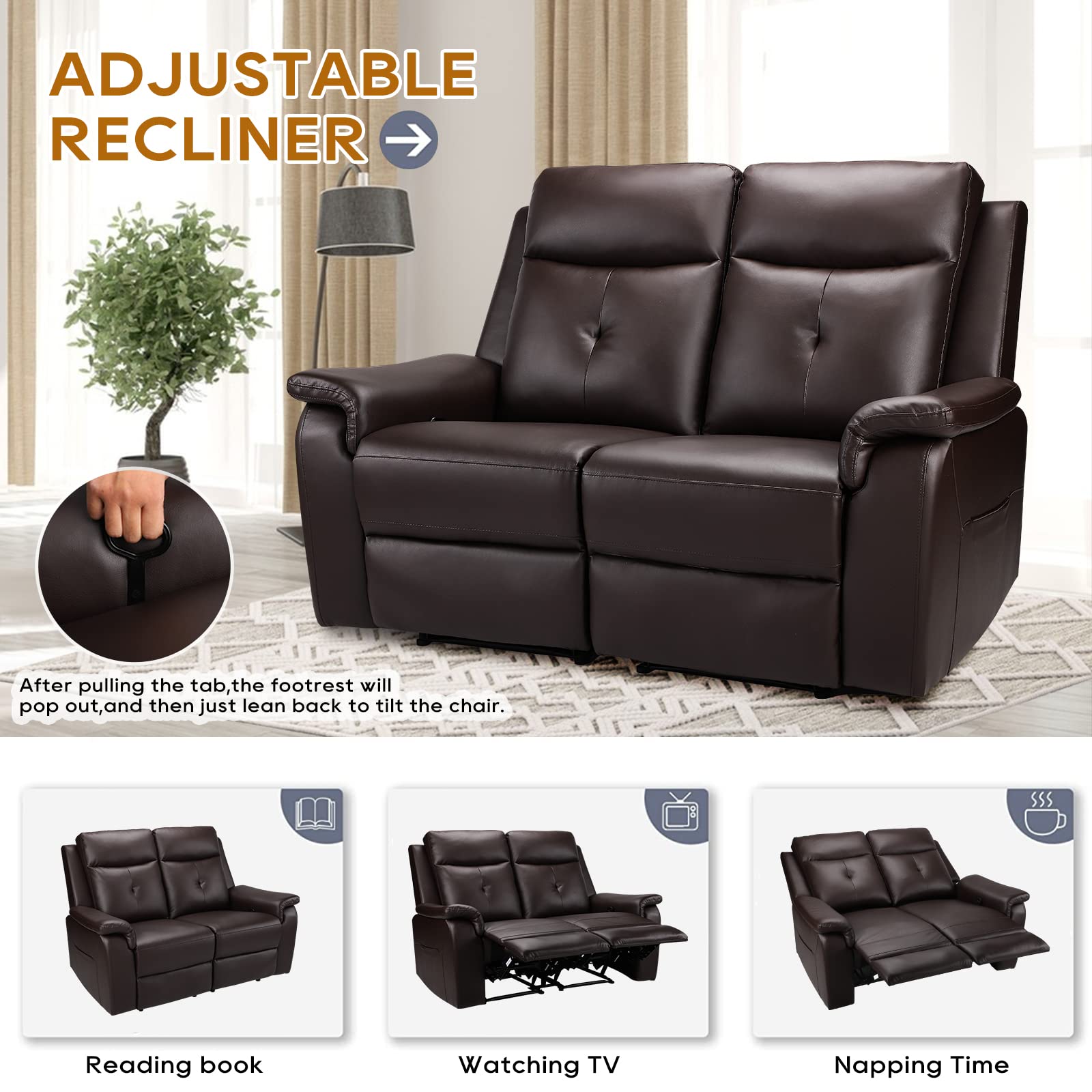 B BAIJIAWEI PU Leather Reclining Sofa - Manual Double Recliner Loveseat with Massage & Heating - 2-Seater Home Theater Seating for Living Room, Reading Room, Bedroom (Brown)