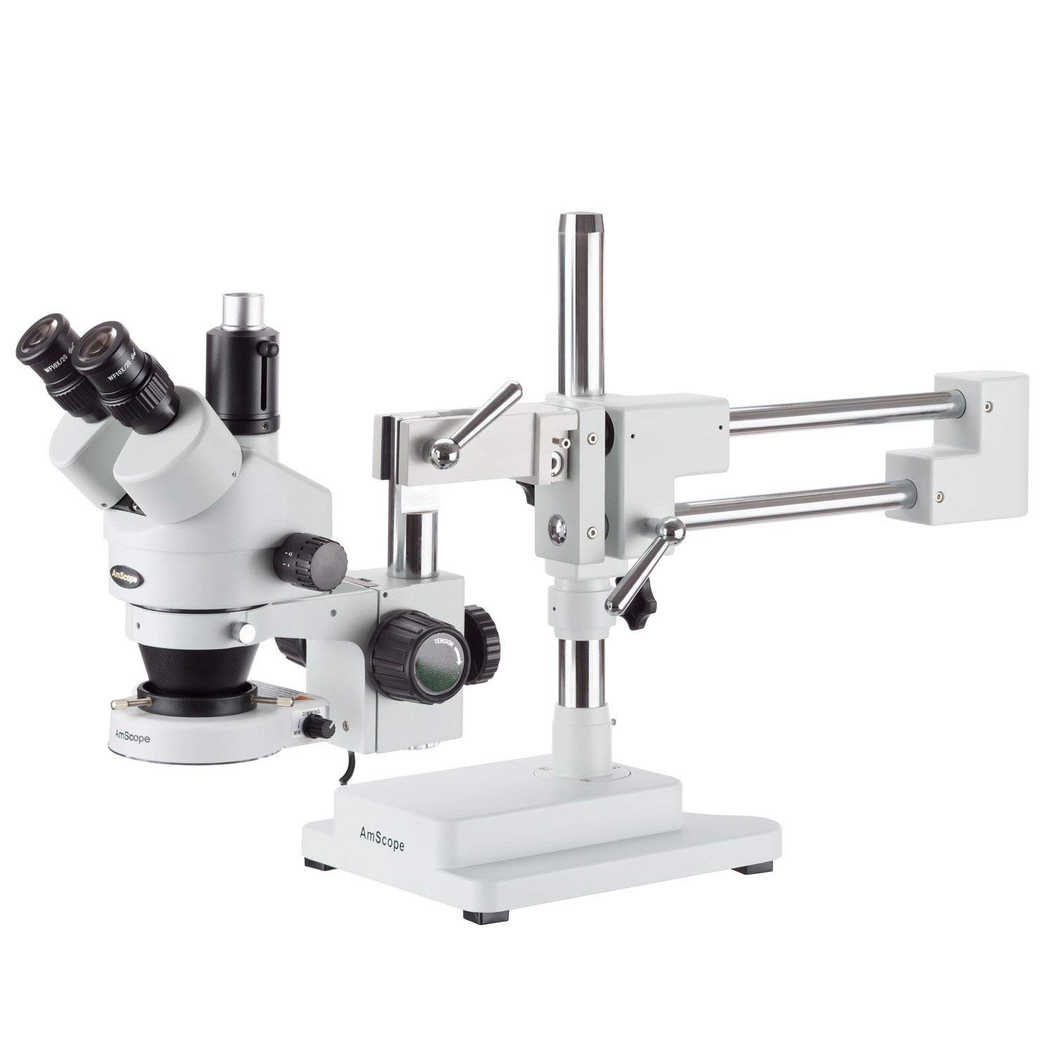 AmScope SM-4TZ-80S Professional Trinocular Stereo Zoom Microscope, WH10x Eyepieces, 3.5X-90X Magnification, 0.7X-4.5X Zoom Objective, 80-Bulb LED Ring Light, Double-Arm Boom Stand, Includes 0.5X and 2.0X Barlow Lens