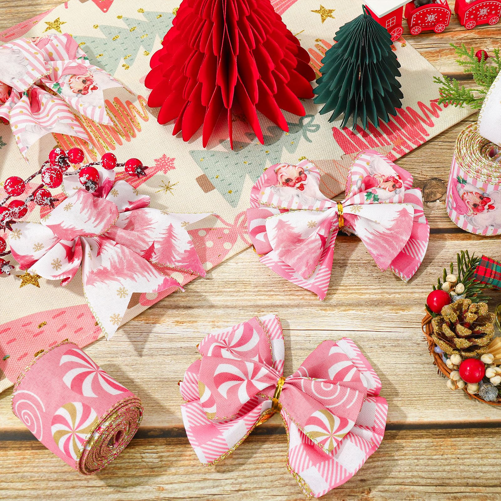 AnyDesign 30 Yards Christmas Wired Edge Ribbon 2.5 Inch Pink White Checkered Snowman Snowflake Craft Ribbon Gold Glitter Wired Fabric Ribbon for Wrapping DIY Bow Wreath Crafts Making, 5 Rolls