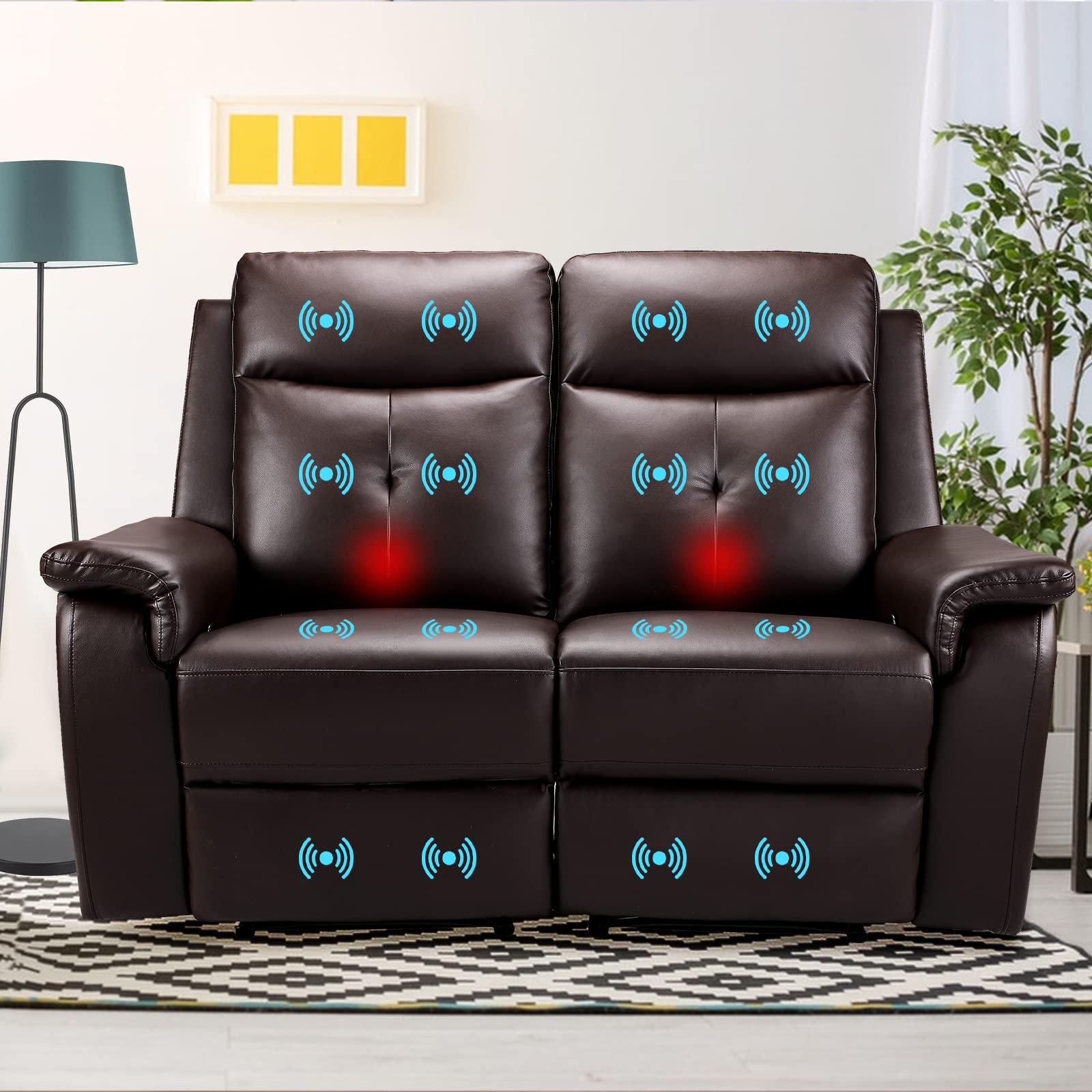 B BAIJIAWEI PU Leather Reclining Sofa - Manual Double Recliner Loveseat with Massage & Heating - 2-Seater Home Theater Seating for Living Room, Reading Room, Bedroom (Brown)