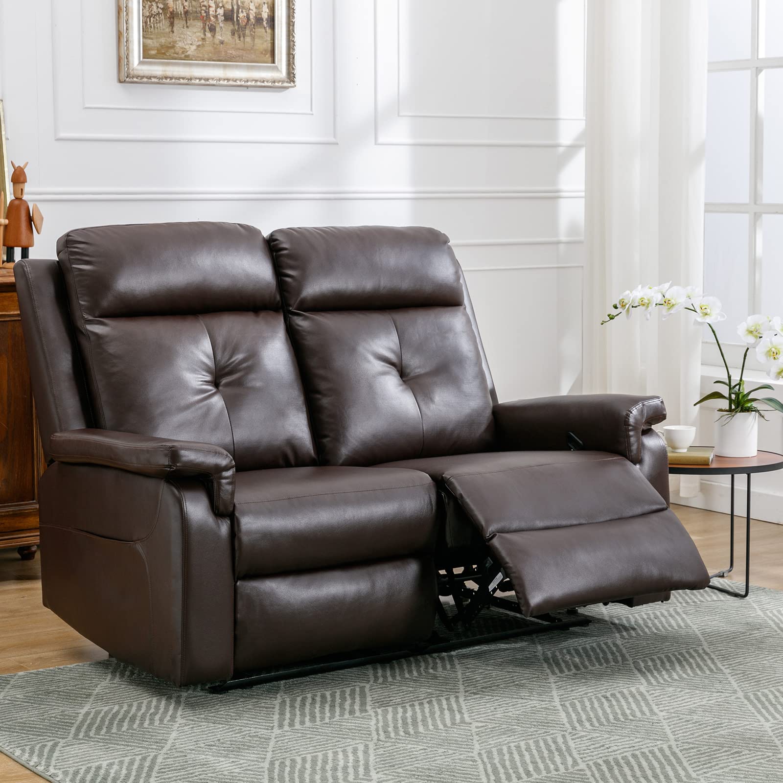 B BAIJIAWEI PU Leather Reclining Sofa - Manual Double Recliner Loveseat with Massage & Heating - 2-Seater Home Theater Seating for Living Room, Reading Room, Bedroom (Brown)
