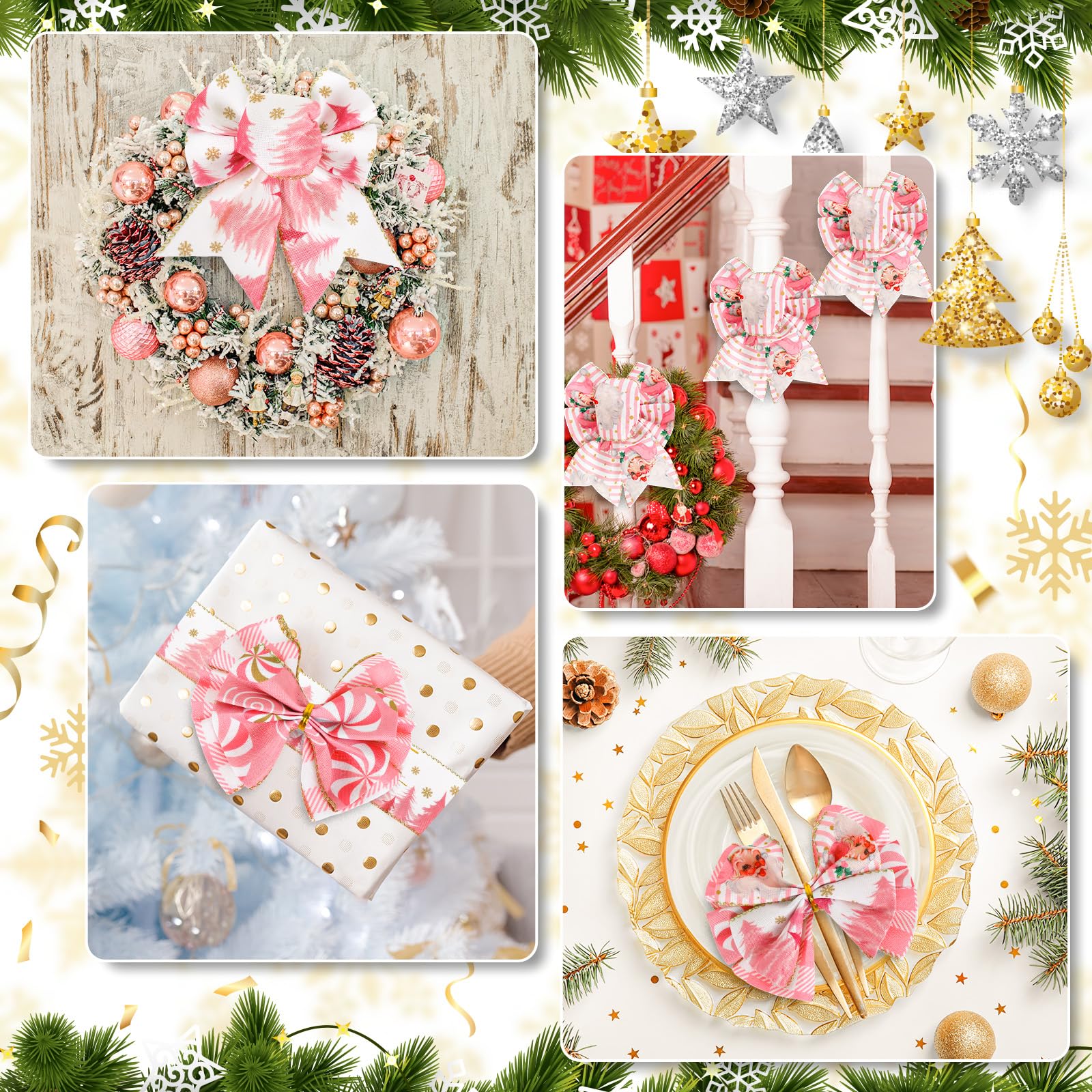 AnyDesign 30 Yards Christmas Wired Edge Ribbon 2.5 Inch Pink White Checkered Snowman Snowflake Craft Ribbon Gold Glitter Wired Fabric Ribbon for Wrapping DIY Bow Wreath Crafts Making, 5 Rolls