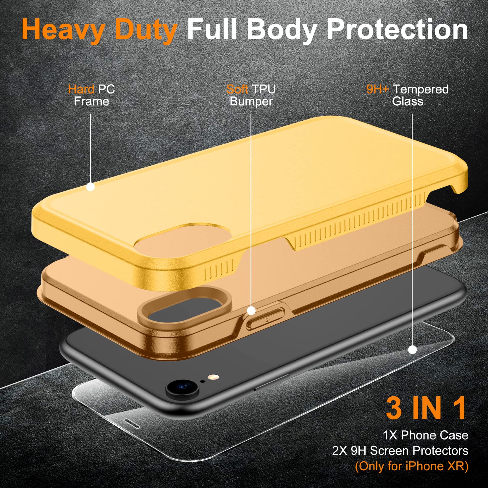 Lanteso for iPhone XR Case，[12FT Military Drop Protection] [with 2 pcs Tempered Glass Screen Protector] [Shockproof] Heavy Duty Protection Phone Case for iPhone XR 6.1 inch Yellow