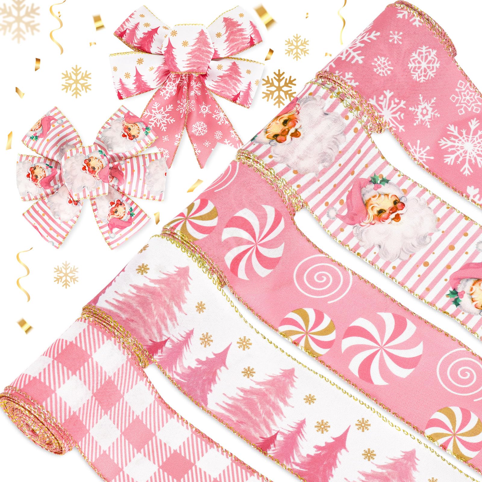 AnyDesign 30 Yards Christmas Wired Edge Ribbon 2.5 Inch Pink White Checkered Snowman Snowflake Craft Ribbon Gold Glitter Wired Fabric Ribbon for Wrapping DIY Bow Wreath Crafts Making, 5 Rolls