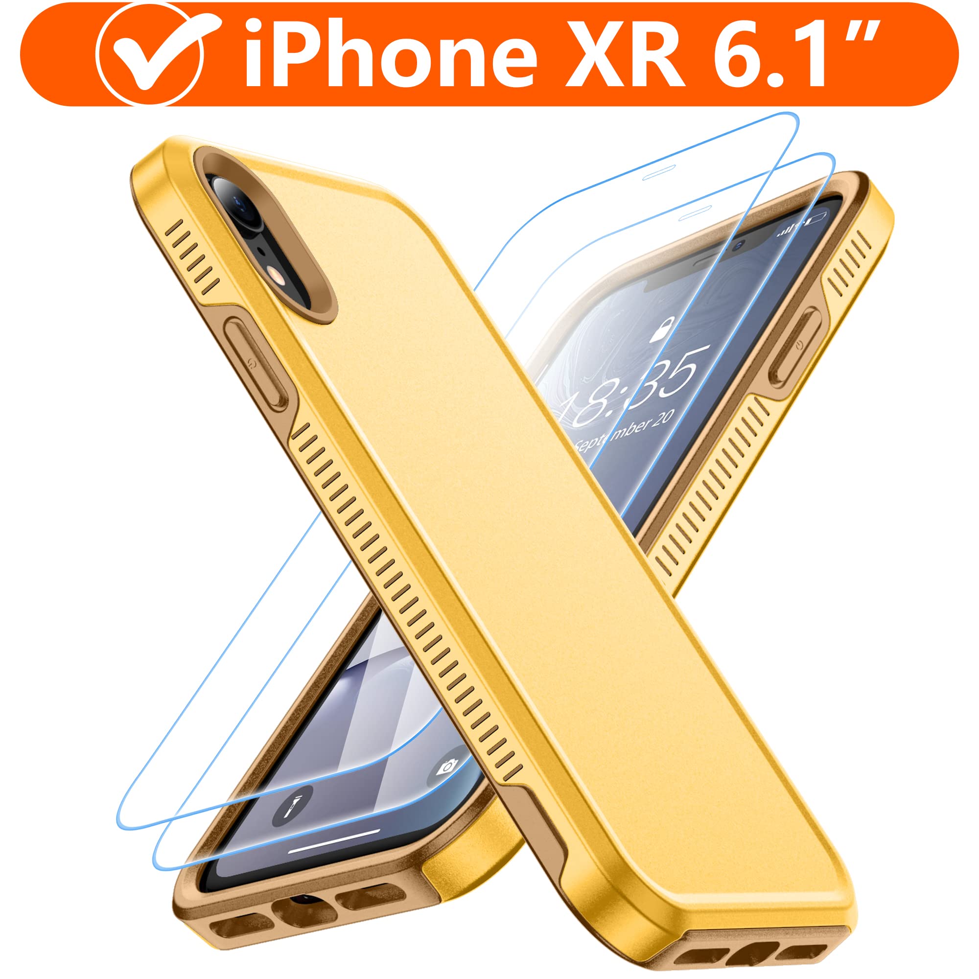 Lanteso for iPhone XR Case，[12FT Military Drop Protection] [with 2 pcs Tempered Glass Screen Protector] [Shockproof] Heavy Duty Protection Phone Case for iPhone XR 6.1 inch Yellow