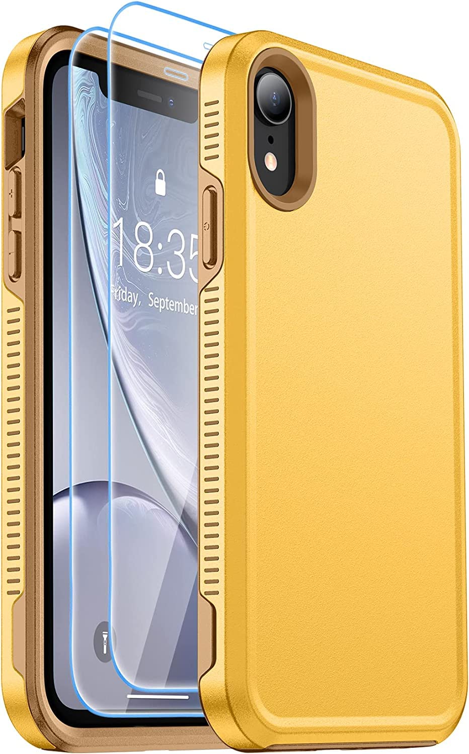 Lanteso for iPhone XR Case，[12FT Military Drop Protection] [with 2 pcs Tempered Glass Screen Protector] [Shockproof] Heavy Duty Protection Phone Case for iPhone XR 6.1 inch Yellow