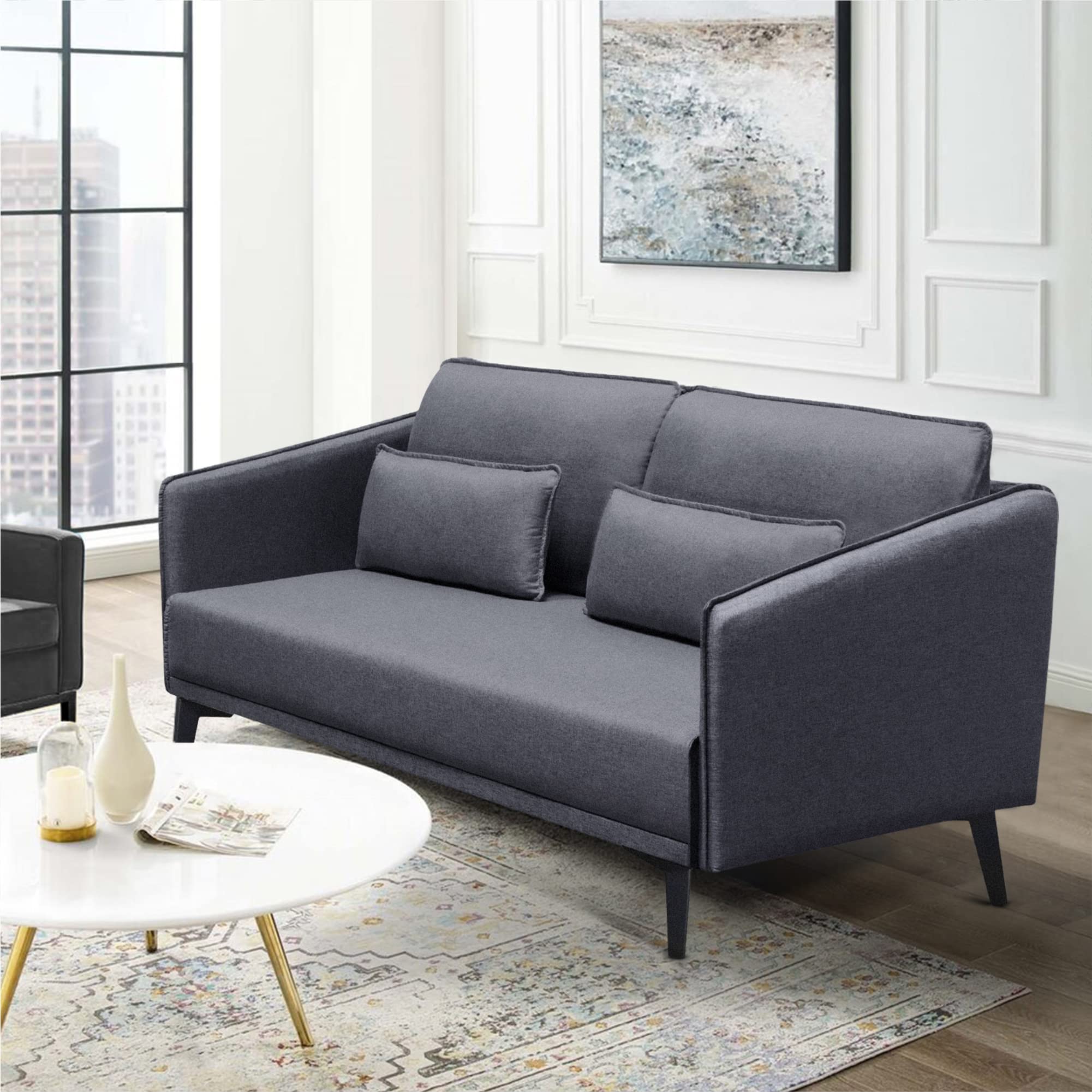 Sunrise Coast Loveseat Living Room Upholstered Modern Linen Fabric Couch with 2 Pillows for Apartment Small Space Loft 2-Seater Sofas 58", Dark Grey