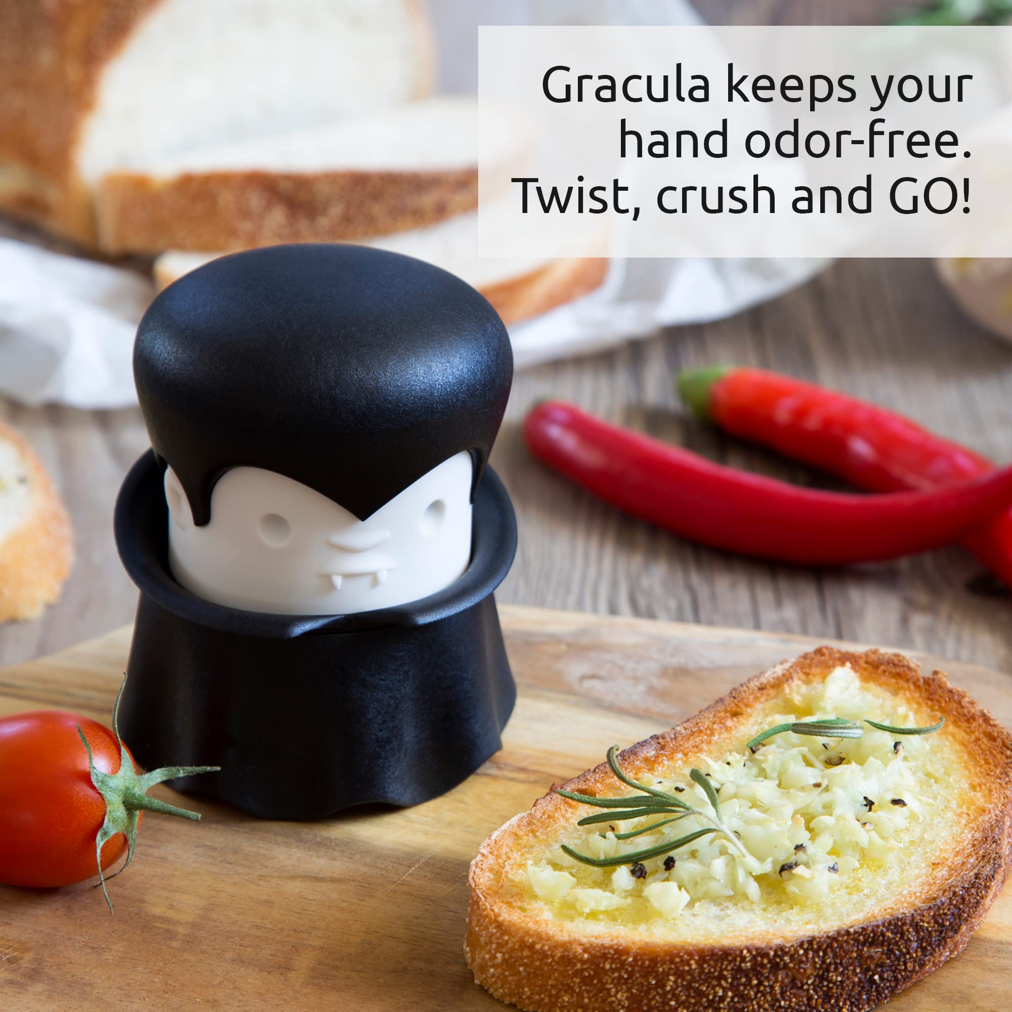 OTOTO Gracula Garlic Crusher also for Ginger, Nuts, Chili, Herbs - Twist Top Garlic Mincer & Easy Squeeze Manual Garlic Press & Peeler - BPA-Free Cool Kitchen Gadgets - Easy Clean by Hand Wash Only