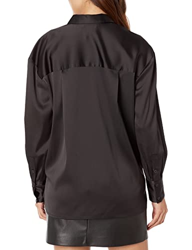 The Drop Women's Black, Logan Silky Long Sleeve Basic Button Down Shirt, L