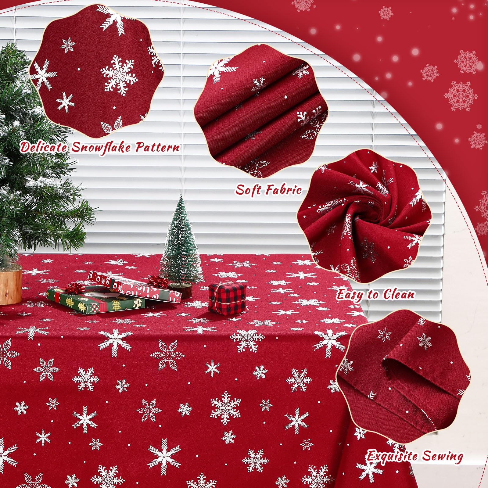 Mixweer Winter Tablecloth Rectangle Snowflake Printed Table Cover Winter Decorations Washable Table Cloth for Dinner Xmas Decor(60 x 84 Inch,Red)