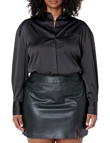 The Drop Women's Black, Logan Silky Long Sleeve Basic Button Down Shirt, L