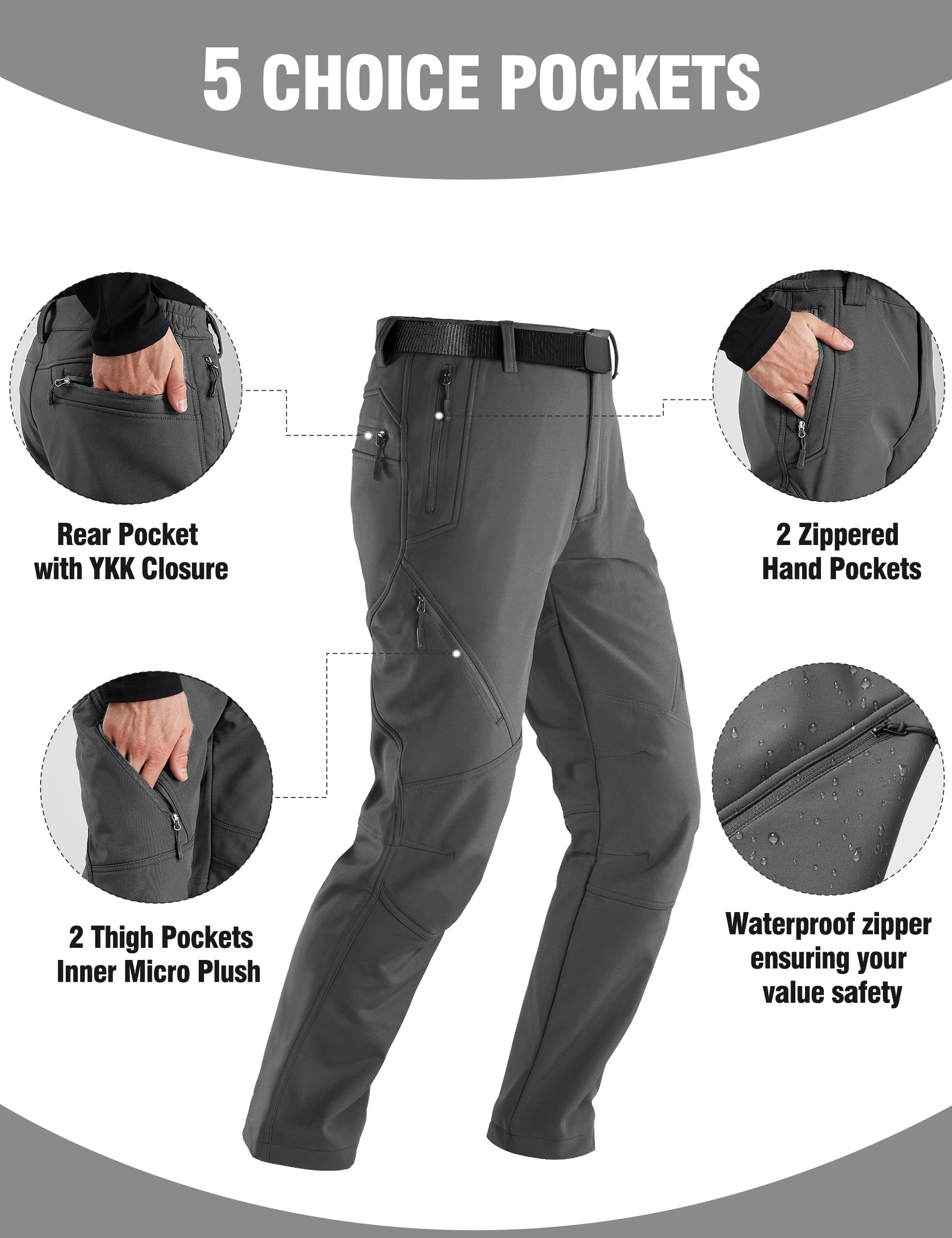 FREE SOLDIER Men's Fleece Lined Outdoor Cargo Hiking Pants Water Repellent Softshell Snow Ski Pants with Zipper Pockets (Gray 34W x 32L)