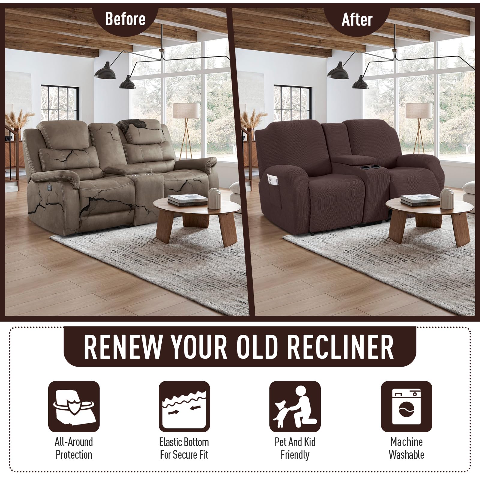 TAOCOCO Recliner Loveseat Cover with Middle Console Sofa slipcover, Stretch Reclining Sofa Covers for 2 Seat Reclining Couch, Jacquard Pattern Soft Loveseat Slipcover Furniture Protector, Dark Coffee