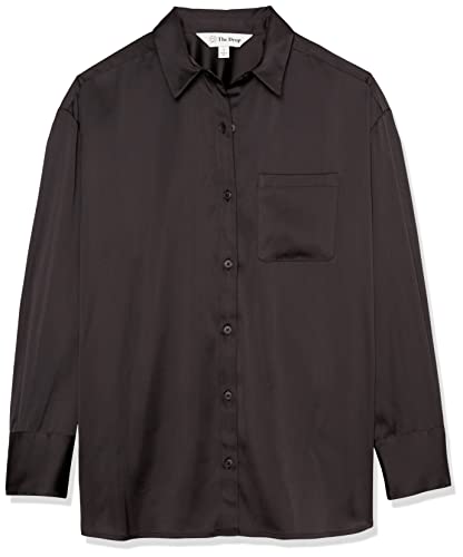 The Drop Women's Black, Logan Silky Long Sleeve Basic Button Down Shirt, L