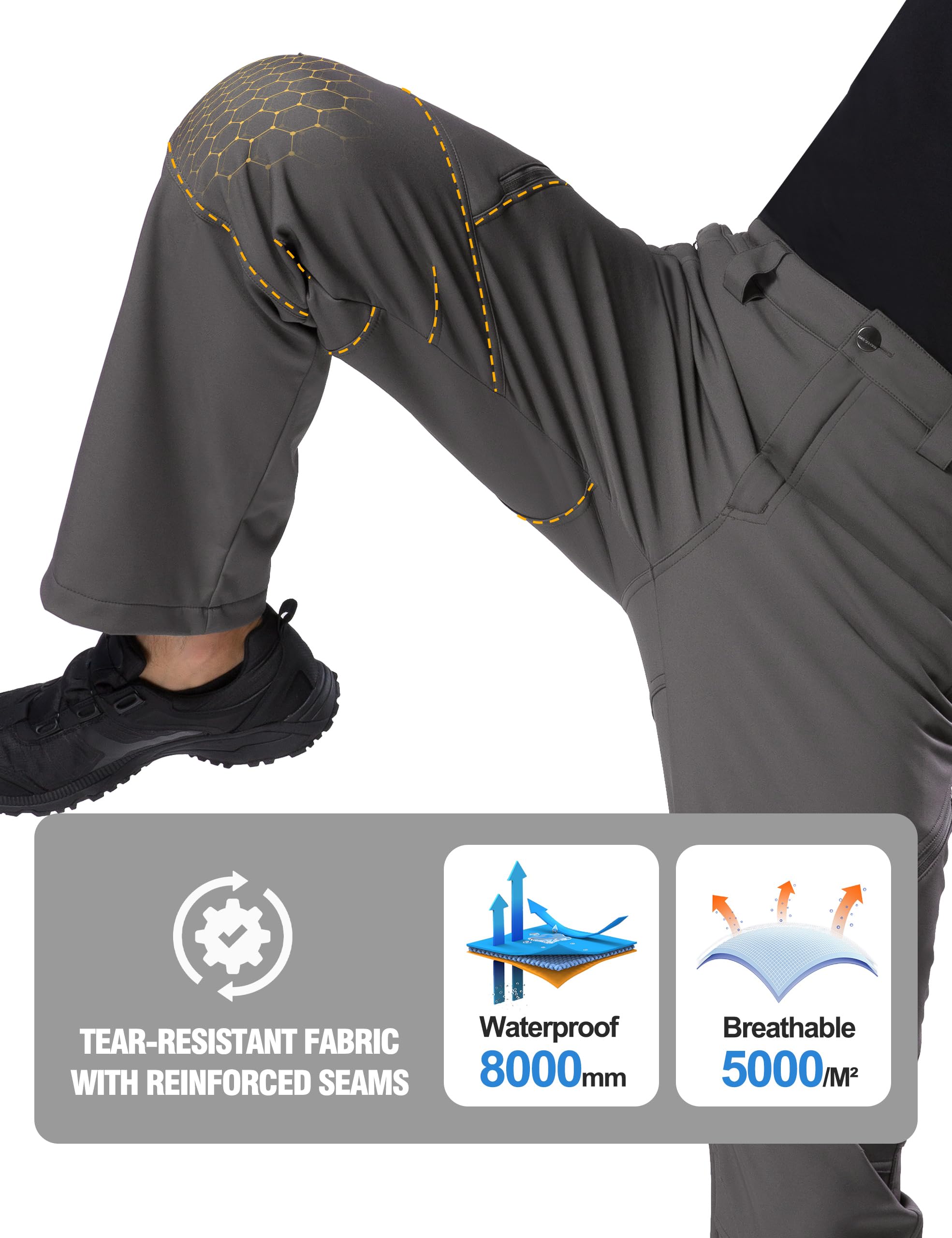 FREE SOLDIER Men's Fleece Lined Outdoor Cargo Hiking Pants Water Repellent Softshell Snow Ski Pants with Zipper Pockets (Gray 34W x 32L)