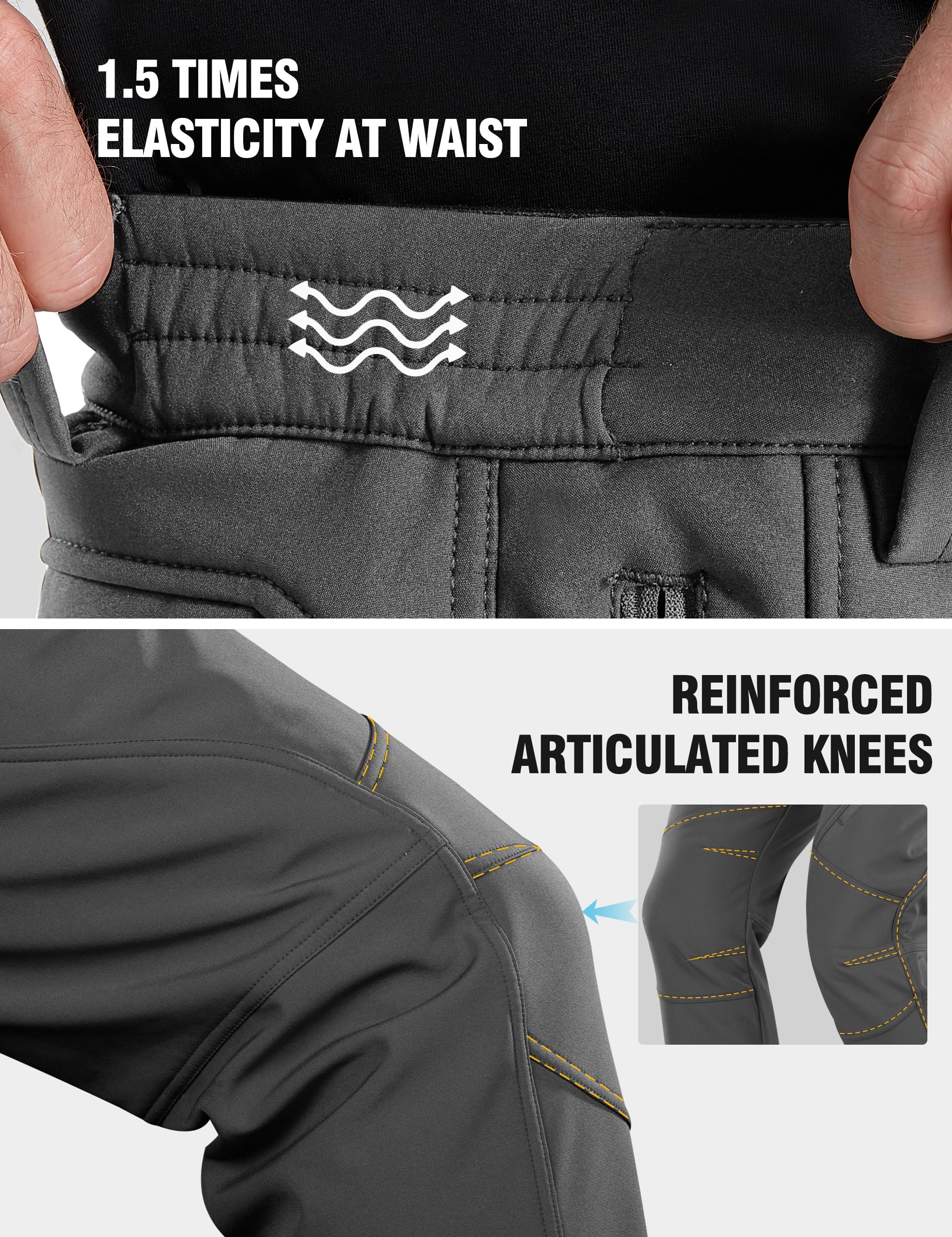 FREE SOLDIER Men's Fleece Lined Outdoor Cargo Hiking Pants Water Repellent Softshell Snow Ski Pants with Zipper Pockets (Gray 34W x 32L)