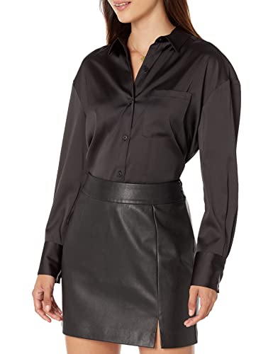 The Drop Women's Black, Logan Silky Long Sleeve Basic Button Down Shirt, L