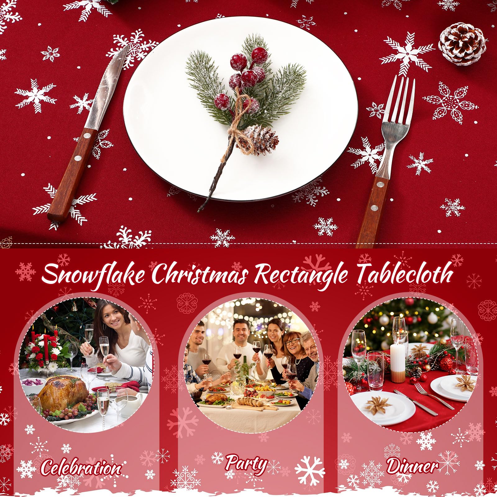 Mixweer Winter Tablecloth Rectangle Snowflake Printed Table Cover Winter Decorations Washable Table Cloth for Dinner Xmas Decor(60 x 84 Inch,Red)