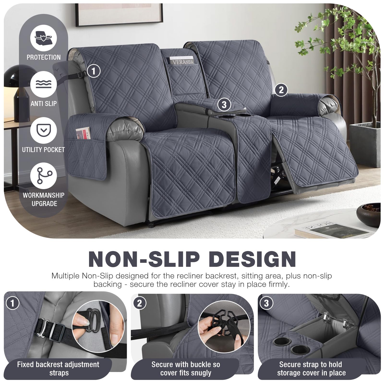 TAOCOCO Loveseat Recliner Cover with Console, Non-Slip Split Reclining Pet Cover for Dual Loveseat Recliner, Furniture Protector with Elastic Straps (2 Seater, Dark Grey)