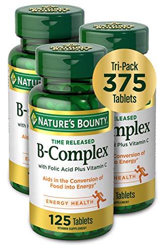 Vitamin B-Complex by Nature's Bounty, Time Released Vitamin Supplement w/ Folic Acid Plus Vitamin C, Supports Energy Metabolism and Nervous System Health, 125 Tablets (Pack of 3)