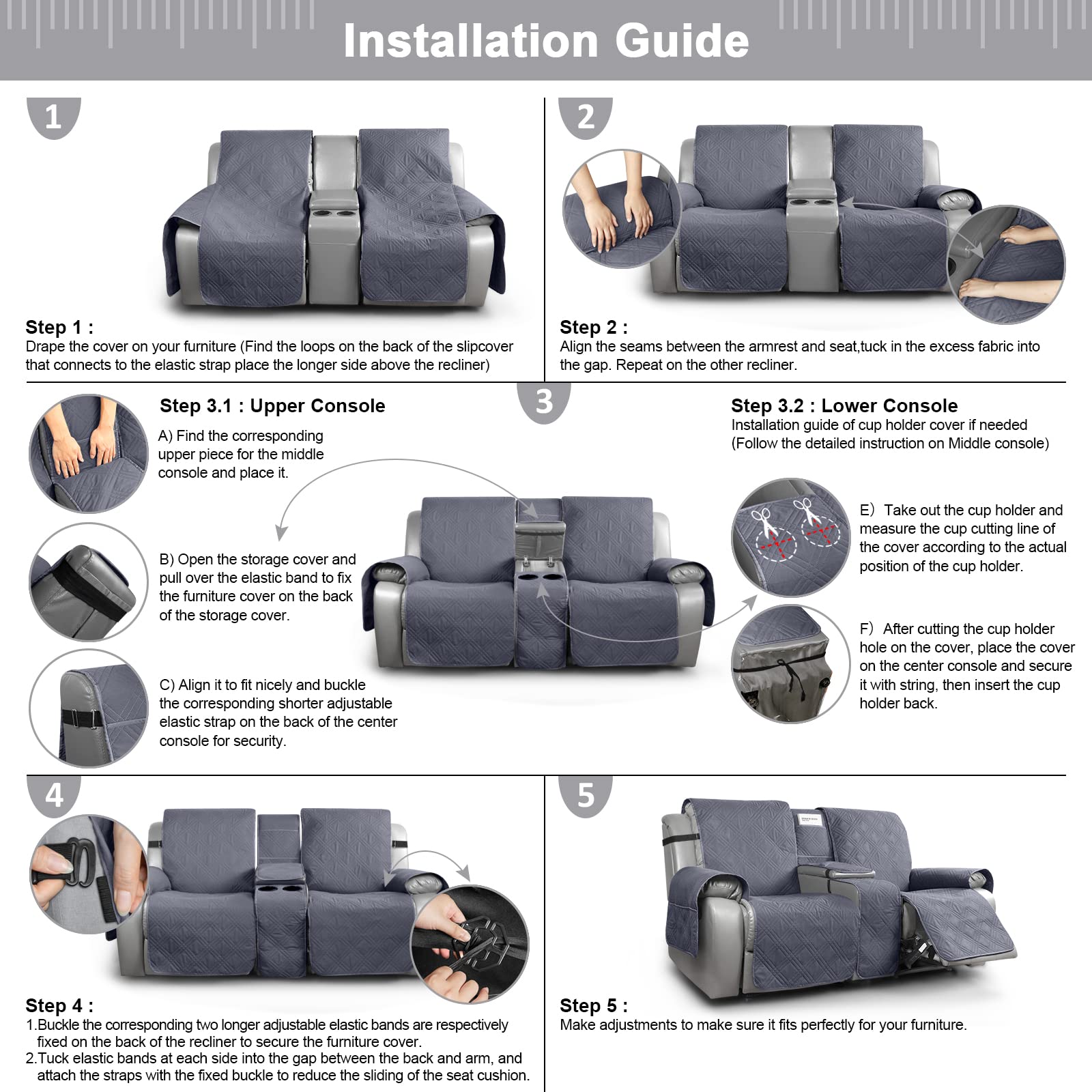 TAOCOCO Loveseat Recliner Cover with Console, Non-Slip Split Reclining Pet Cover for Dual Loveseat Recliner, Furniture Protector with Elastic Straps (2 Seater, Dark Grey)