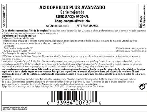 Solgar Advanced Acidophilus Plus, 120 Vegetable Capsules - Supports Healthy Intestinal Flora - 500 Million Microorganisms Per Serving - Gluten & Dairy Free - Vegetarian - 120 Servings