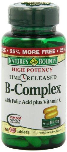 Vitamin B-Complex by Nature's Bounty, Time Released Vitamin Supplement w/ Folic Acid Plus Vitamin C, Supports Energy Metabolism and Nervous System Health, 125 Tablets (Pack of 3)