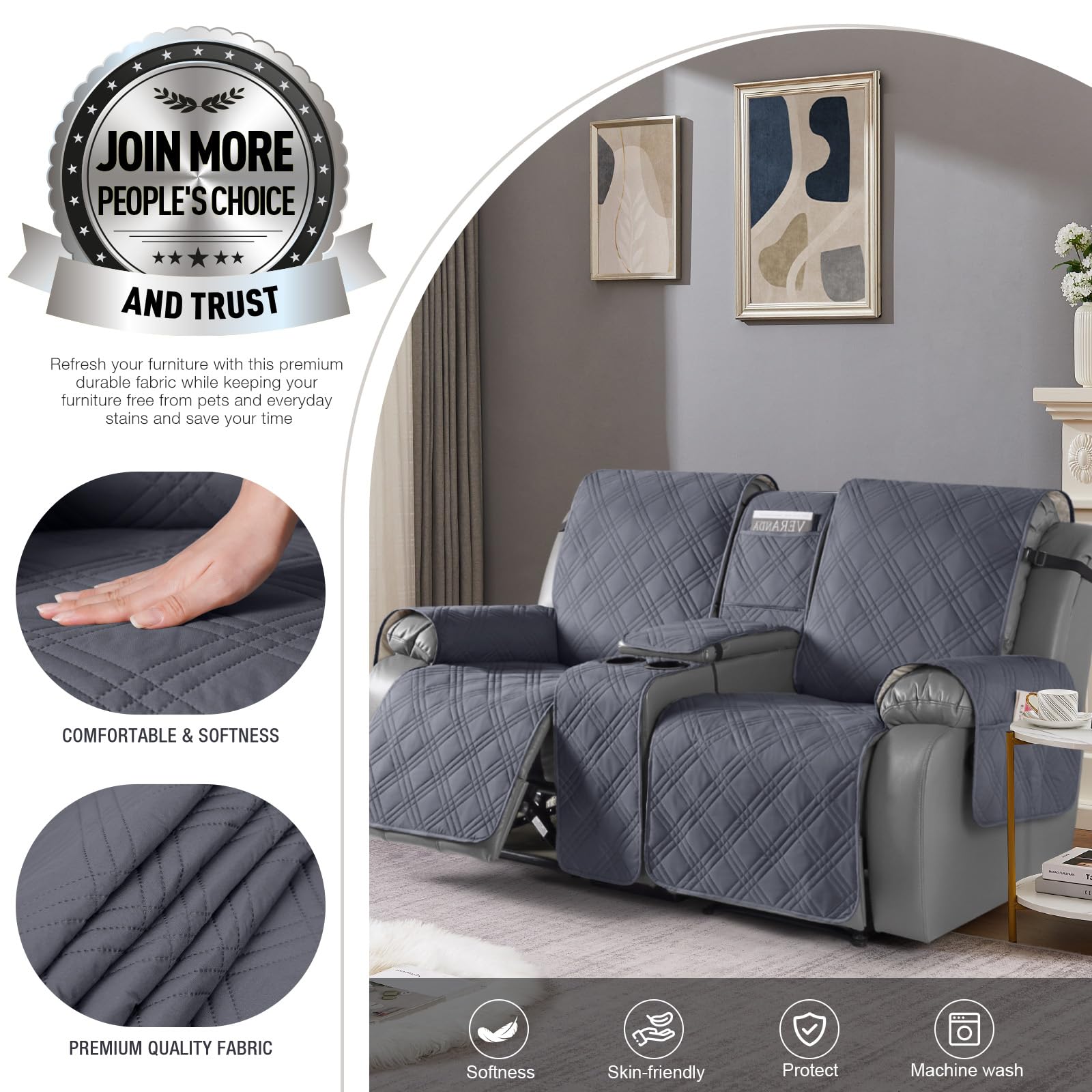 TAOCOCO Loveseat Recliner Cover with Console, Non-Slip Split Reclining Pet Cover for Dual Loveseat Recliner, Furniture Protector with Elastic Straps (2 Seater, Dark Grey)