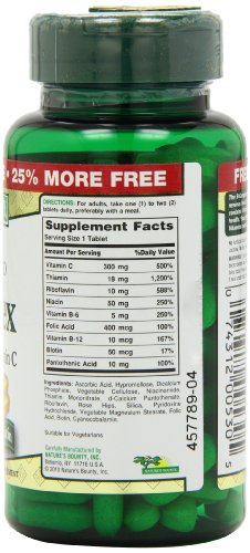 Vitamin B-Complex by Nature's Bounty, Time Released Vitamin Supplement w/ Folic Acid Plus Vitamin C, Supports Energy Metabolism and Nervous System Health, 125 Tablets (Pack of 3)