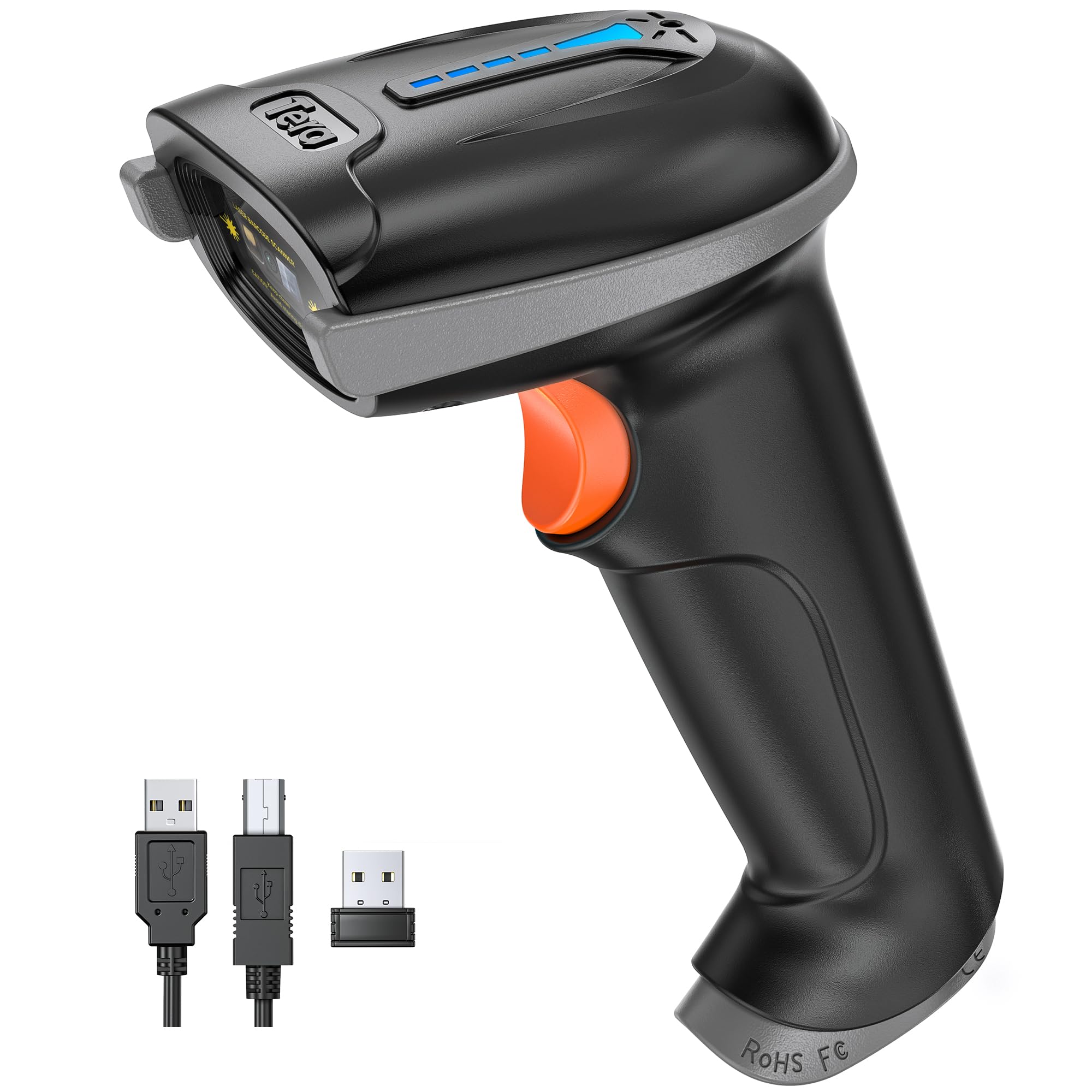 Tera Barcode Scanner Wireless Versatile 2-in-1 (2.4Ghz Wireless+USB 2.0 Wired) with Battery Level Indicator, 328 Feet Transmission Distance Rechargeable 1D Laser Bar Code Reader USB Handheld (Grey)