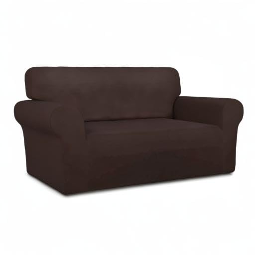 PureFit Super Stretch Sofa Slipcover – Spandex Non Slip Soft Couch Sofa Cover, Washable Furniture Protector with Non Skid Foam and Elastic Bottom for Kids, Pets （Loveseat, Chocolate）
