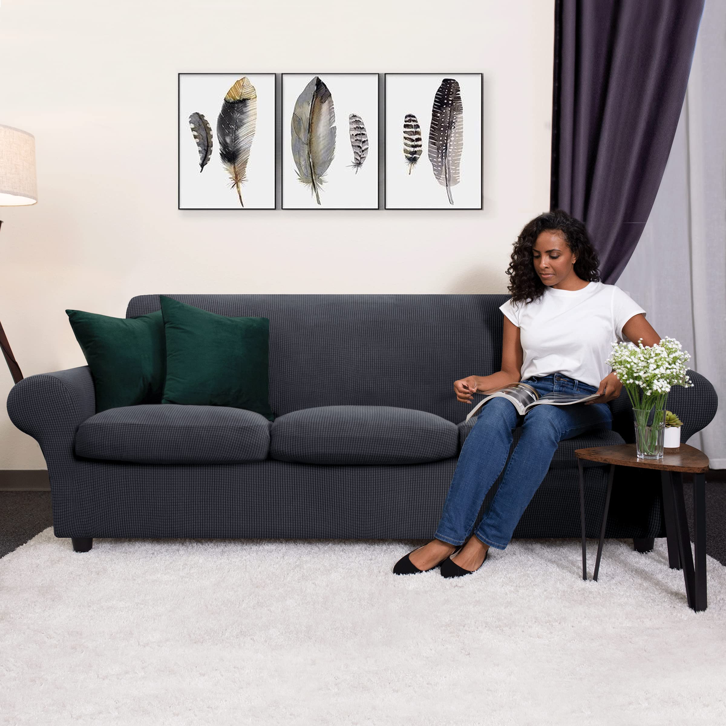 CHUN YI 3 Pieces Stretch Loveseat Sofa Cover for 2 Seater Couch, Washable Soft Sofa Slipcover with 2 Separate Seat Cushion Covers for Dogs, Checks Spandex Jacquard Fabric, Medium, Grey/Gray