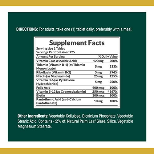 Vitamin B-Complex by Nature's Bounty, Time Released Vitamin Supplement w/ Folic Acid Plus Vitamin C, Supports Energy Metabolism and Nervous System Health, 125 Tablets (Pack of 3)