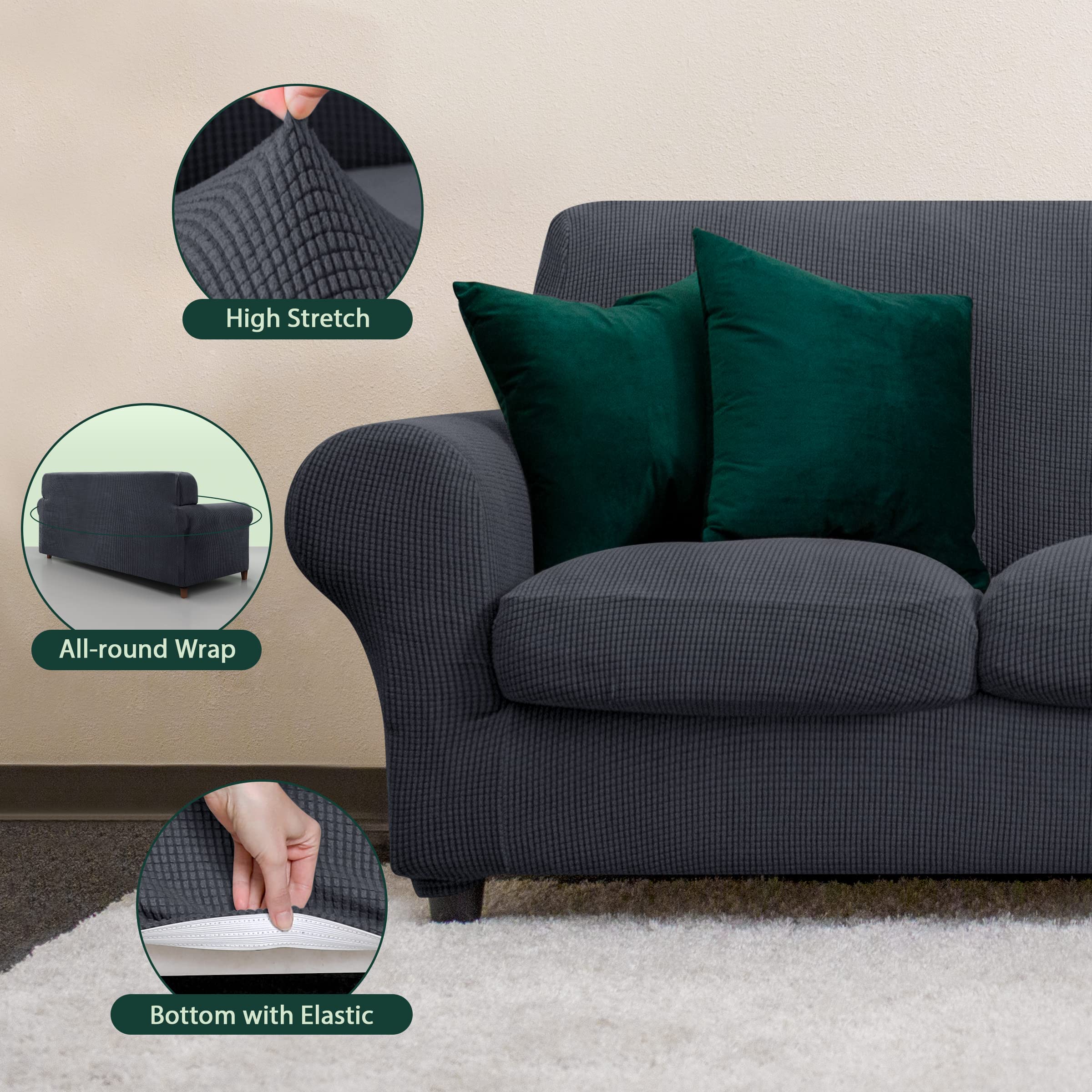 CHUN YI 3 Pieces Stretch Loveseat Sofa Cover for 2 Seater Couch, Washable Soft Sofa Slipcover with 2 Separate Seat Cushion Covers for Dogs, Checks Spandex Jacquard Fabric, Medium, Grey/Gray