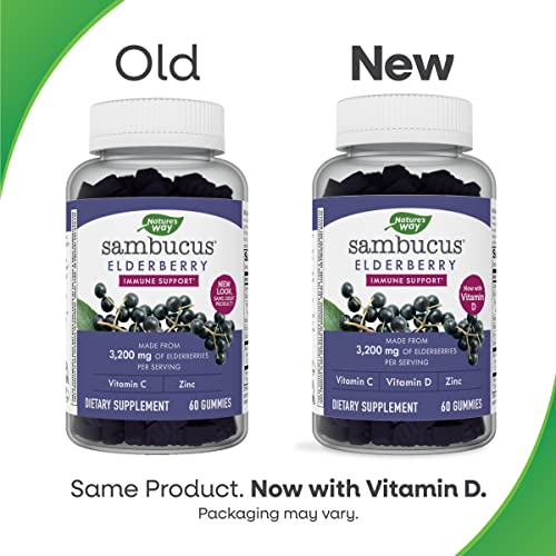 Nature’s Way Sambucus Elderberry Gummies, With Vitamin C, Vitamin D and Zinc, Immune Support for Kids and Adults*, 60 Gummies (Packaging May Vary)