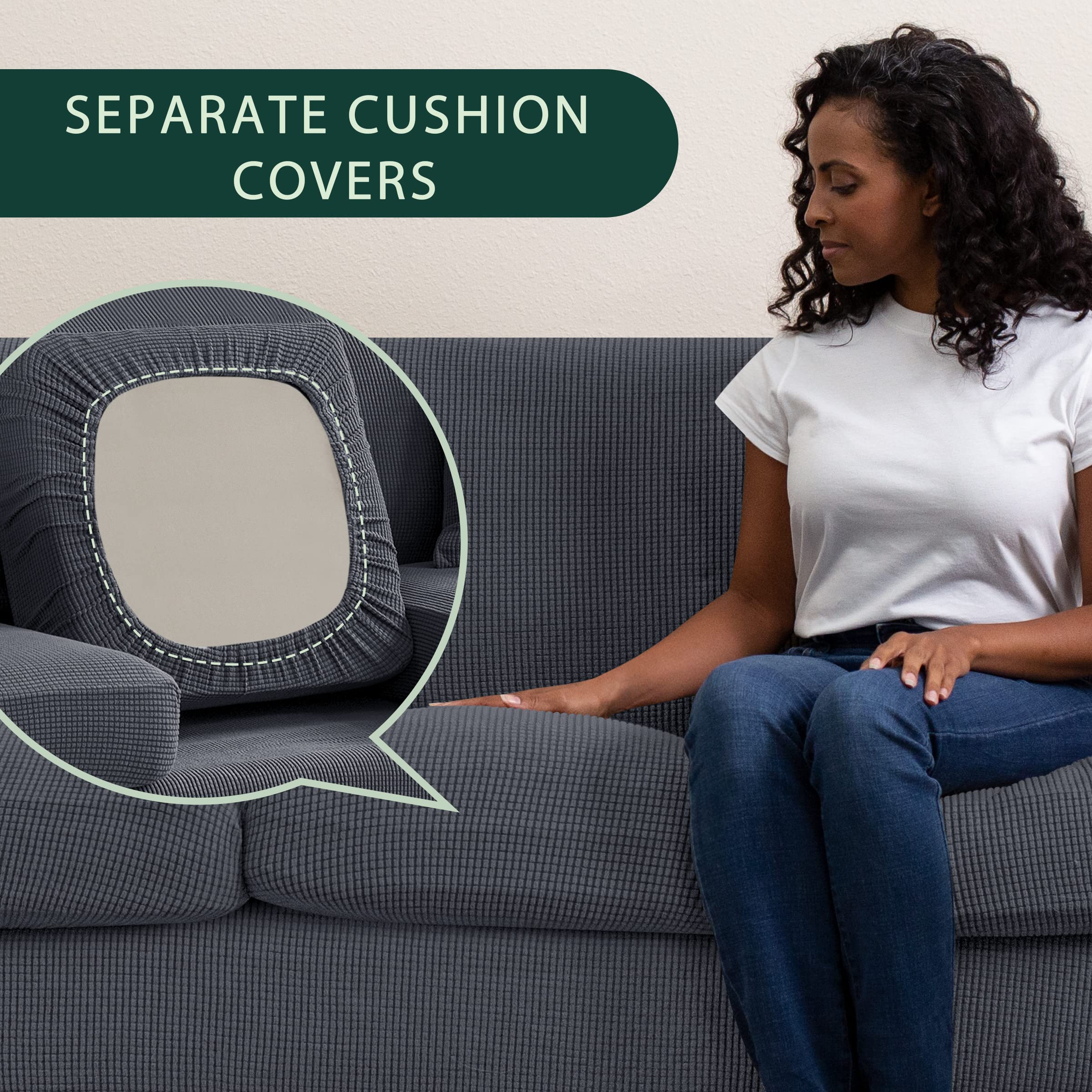 CHUN YI 3 Pieces Stretch Loveseat Sofa Cover for 2 Seater Couch, Washable Soft Sofa Slipcover with 2 Separate Seat Cushion Covers for Dogs, Checks Spandex Jacquard Fabric, Medium, Grey/Gray