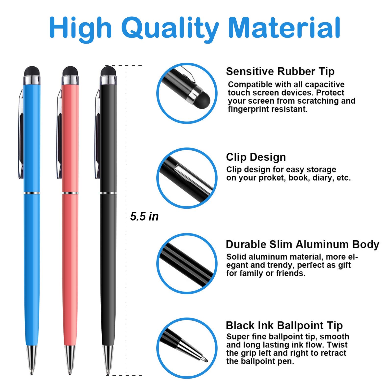 Stylus Pens for Touch Screens, Stylus Pen 10-Pack High Precision Capacitive 2 in 1 Stylus Ballpoint Stylists Pens Universal for iPhone iPad Tablet Laptop Kindle Samsung Galaxy All Touch Screens Device