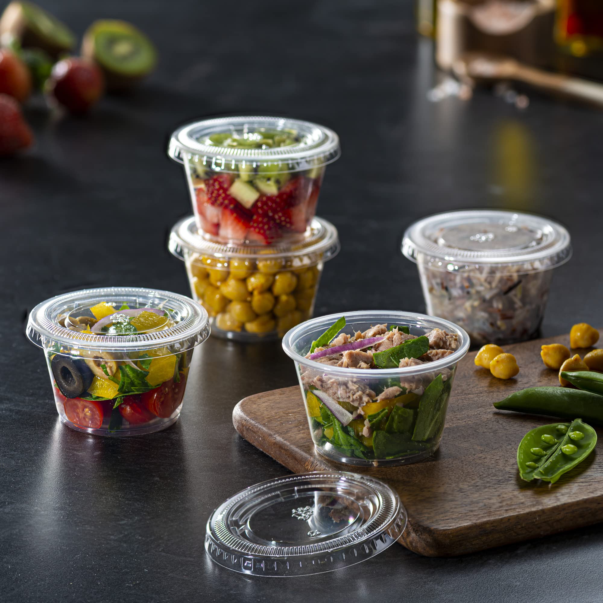 Pantry Value [100 Sets - 4 oz.] Cups with Lids, Small Plastic Condiment Containers for Sauce, Salad Dressings, Ramekins, & Portion Control