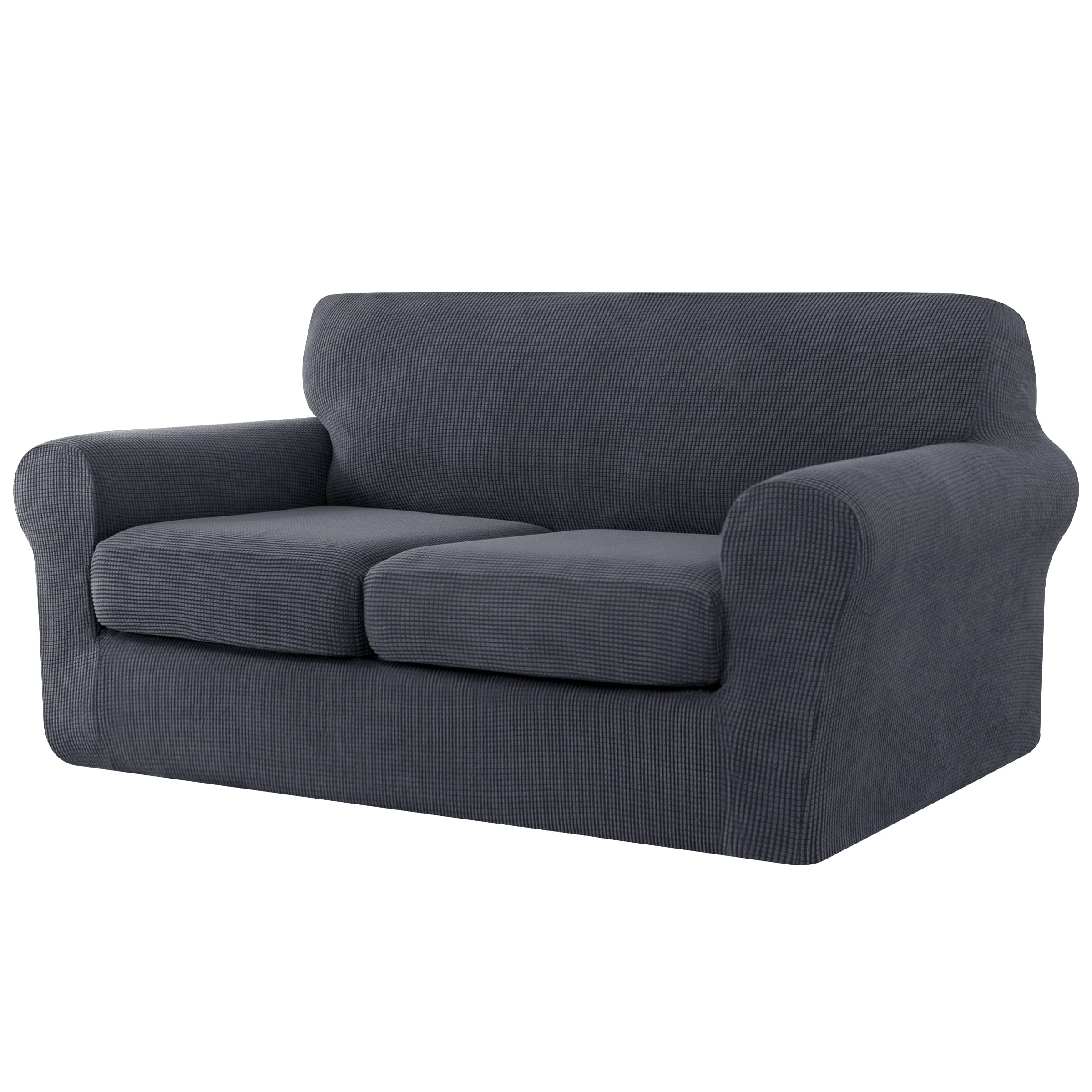 CHUN YI 3 Pieces Stretch Loveseat Sofa Cover for 2 Seater Couch, Washable Soft Sofa Slipcover with 2 Separate Seat Cushion Covers for Dogs, Checks Spandex Jacquard Fabric, Medium, Grey/Gray