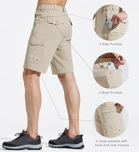 MASKERT Men's Hiking Cargo Shorts, Lightweight Quick Dry Shorts Travel Fishing Golf Stretch Tactical Shorts, Khaki S