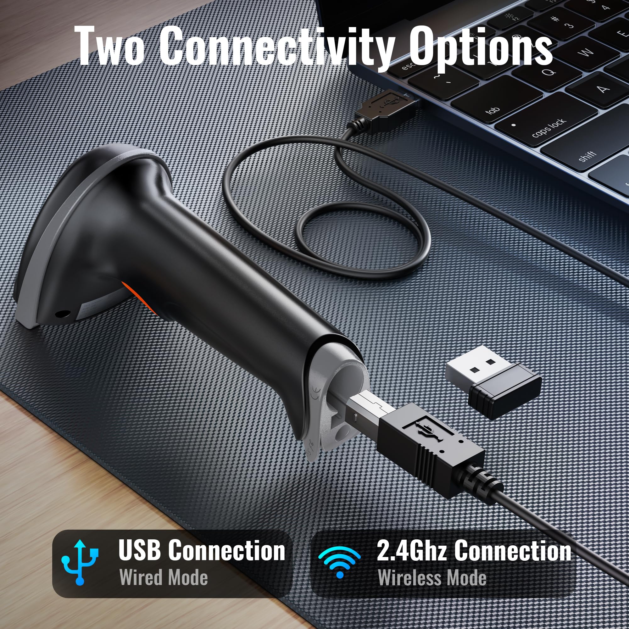 Tera Barcode Scanner Wireless Versatile 2-in-1 (2.4Ghz Wireless+USB 2.0 Wired) with Battery Level Indicator, 328 Feet Transmission Distance Rechargeable 1D Laser Bar Code Reader USB Handheld (Grey)