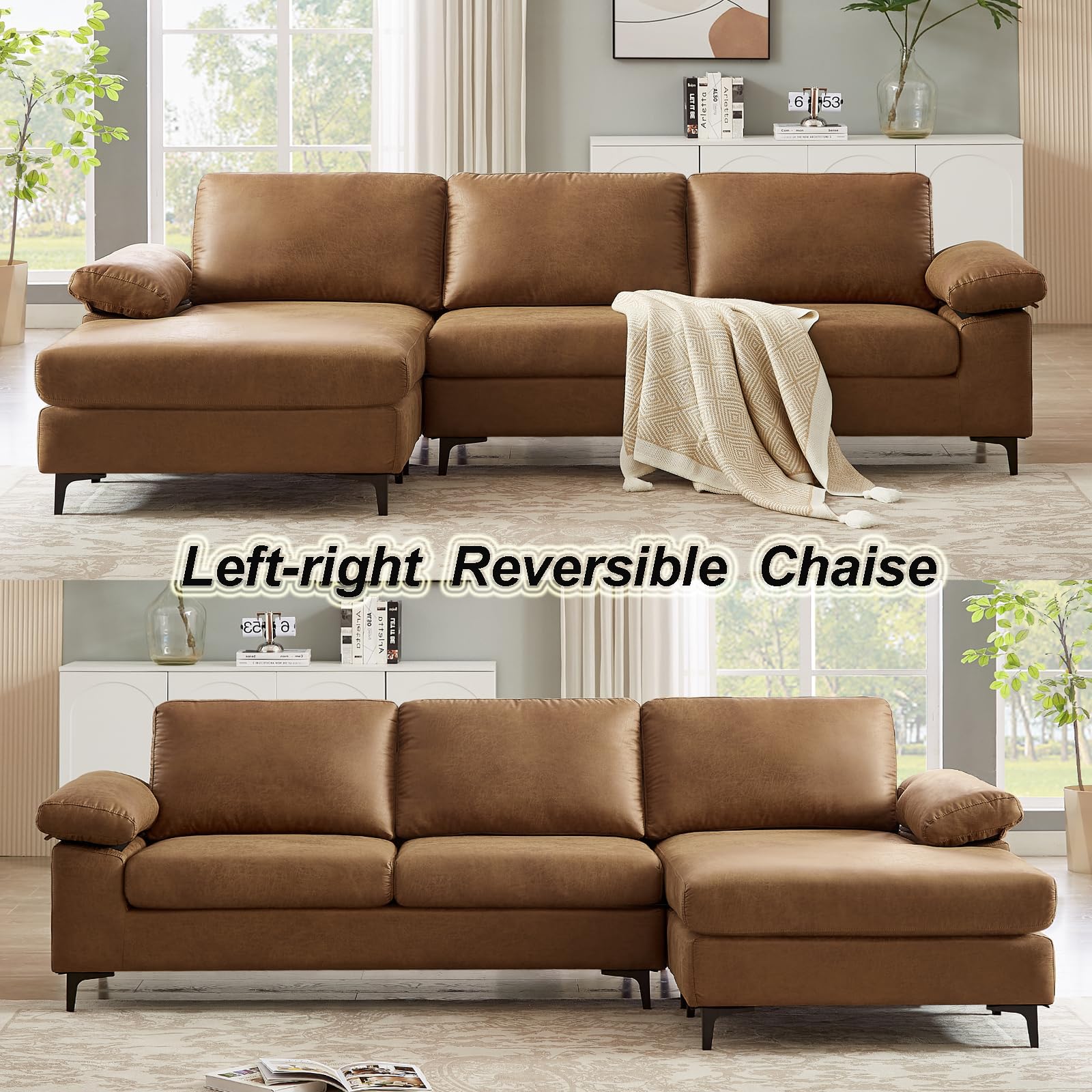 100.8" Sectional Sofa,Faux Leather Couch with Reversible Chaise,Mid-Century L Shaped Sofa Couch for Living Room, Apartment,Office (Brown, Loveseat)