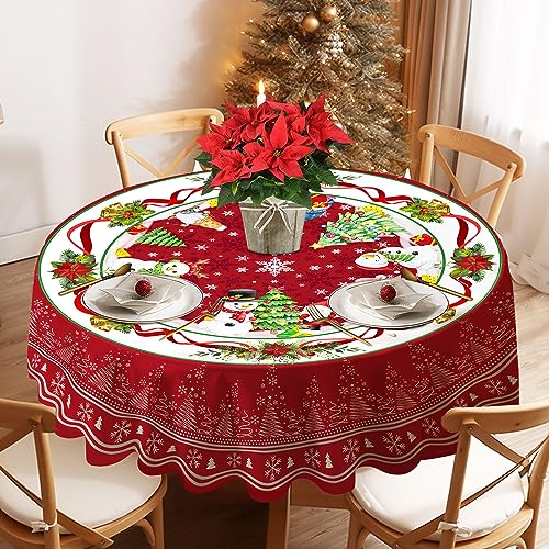 Round Christmas Tablecloth, Christmas Poinsettia Table Cloth Round 70 Inch, Christmas Tree Snowman Table Cloths with Gnomes Santa Claus Circle Table Cover Holiday Decor Gifts for Dining Room Indoor